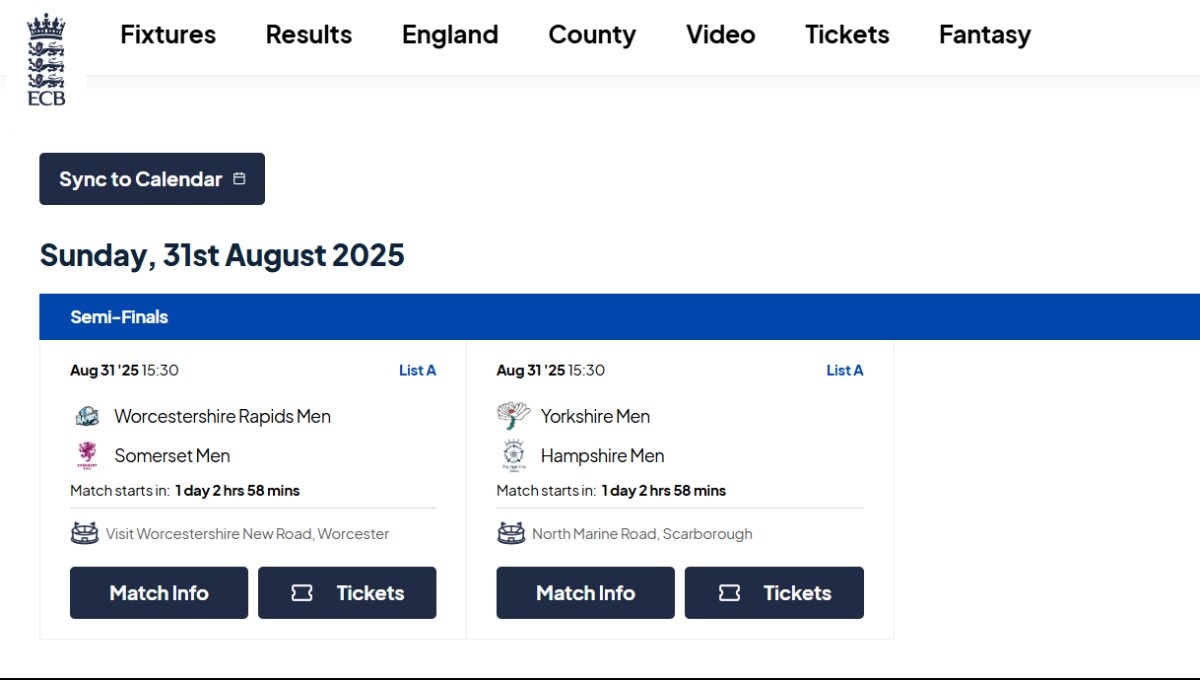 One-Day Cup Semifinals 2025: Teams, Venues & Tickets Info